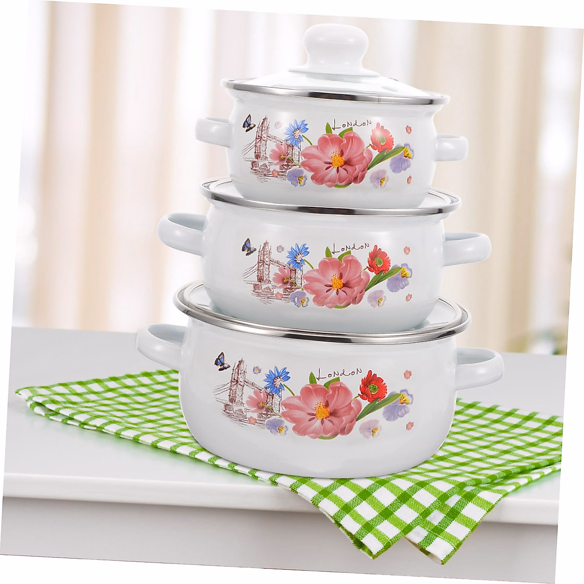 GANAZONO 3Pcs Enamel White Cooking Pot wear-Resistant stockpot Delicate Soup Pot Vintage Soup Pot Soup Pot with lid Vintage stockpot Multipurpose Pot Old Fashioned Cooking Utensils