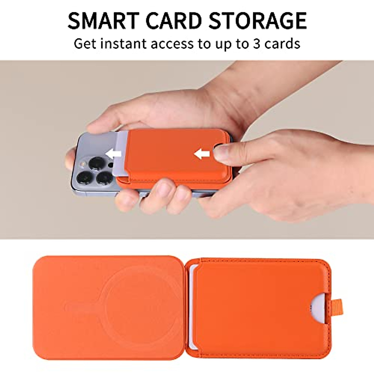 H JIDOHUN Magnetic Wallet Card Holder Compatible with MagSafe,iPhone Wallet with Adjustable Stand for iPhone 15/14/13/12 Series,Not for iPhone 13/12 Mini,3 Card Holder, Vegan Leather (Orange)