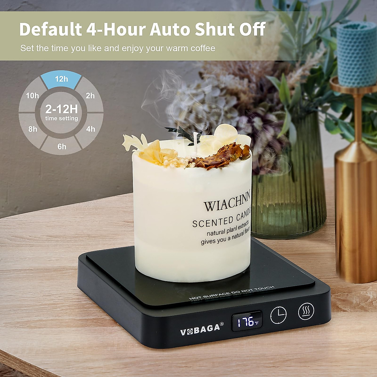 VOBAGA Mug Warmer, Coffee Cup Warmer for Office Home Desk with 5 Temperature Settings, Candle Warmer & Beverage Warmer with Digital Display Auto Shut Off for Heating Coffee, Cocoa, Milk, Tea(No Cup)