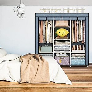 QLFJ-FurDec Portable Wardrobe Closet, 47 Inch Clothes Storage Organizer Shelves Rack, Non-Woven Fabric Cover Standing Closet with 2 Hanging Rods, Extra Durable, Quick and Easy Assembly(Gray)