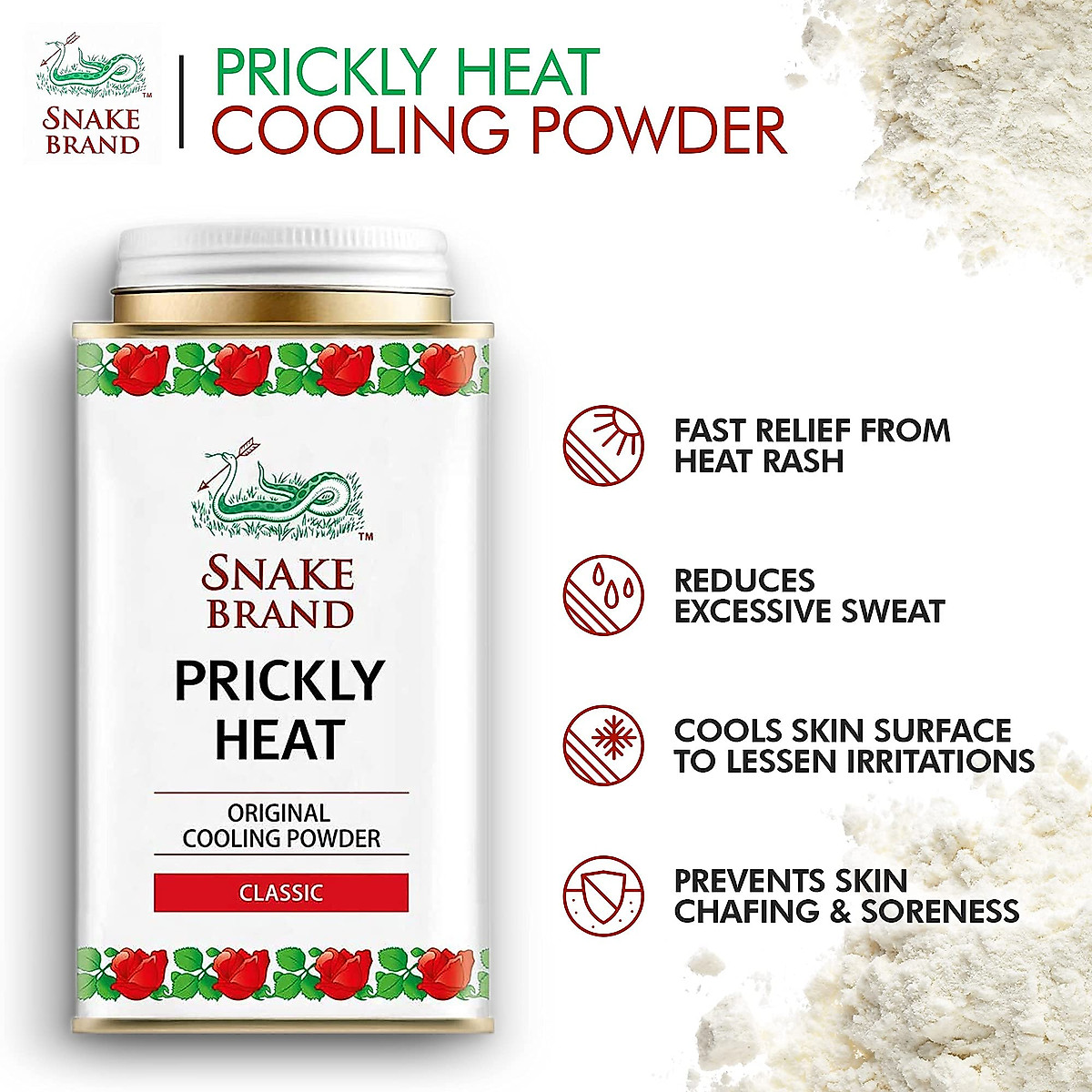 Snake Brand Prickly Heat Cooling Powder for Everyday Use - Anti-Chafing, Heat Rash Relief, Absorbs Sweat, Classic Original Scent (4.9 Oz / 140g)