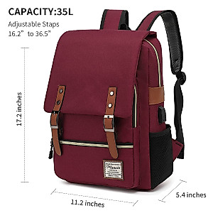 Mancio Vintage Slim Laptop Backpack for Women Men,Tear Resistant Business College Bag with USB Charging Port,Fits up to 15.6Inch Laptop in Red