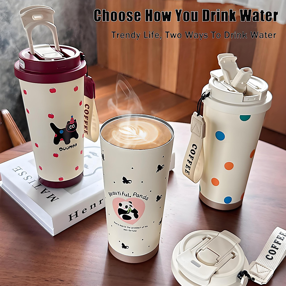 Ausenzup Water Bottle - 500ml / 16.9oz Vacuum Insulated Water Cup With Lid And Straw - Stainless Steel Travel Car Coffee Mug Hot Cold Drink Iced Coffee Tumbler Bride Gifts Christmas/Wedding(C)