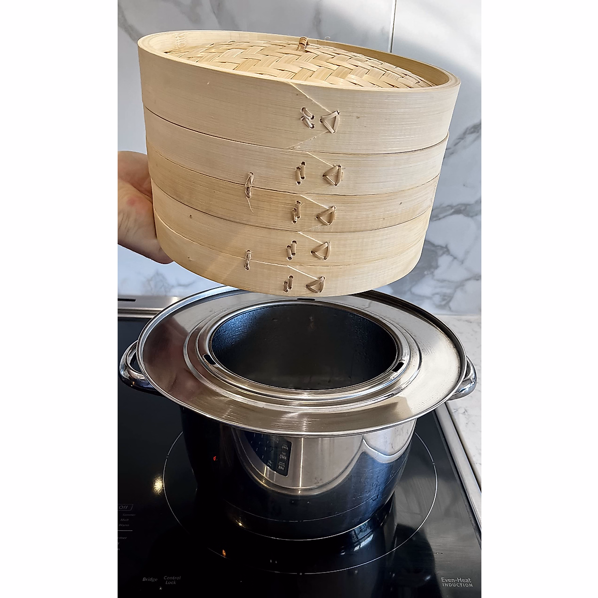 Chok Dee Goods Bamboo Steamer Premium Set, Stainless Steel Cooking Ring Included, 1 10" 2 Tier Basket, 1 Stainless Steel Cooking Ring, 4 Sets of Chopsticks, 4 Reusable Silicone Liners, 2 Sauce Dishes