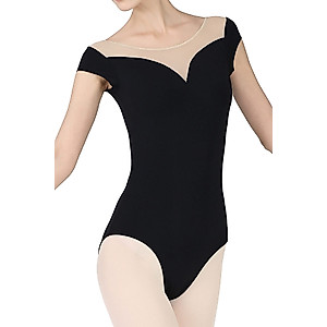 Dance Elite Sashay Dance Leotard – Off Shoulder Illusion Neckline Black Leotard for Women (Adult L, Black)