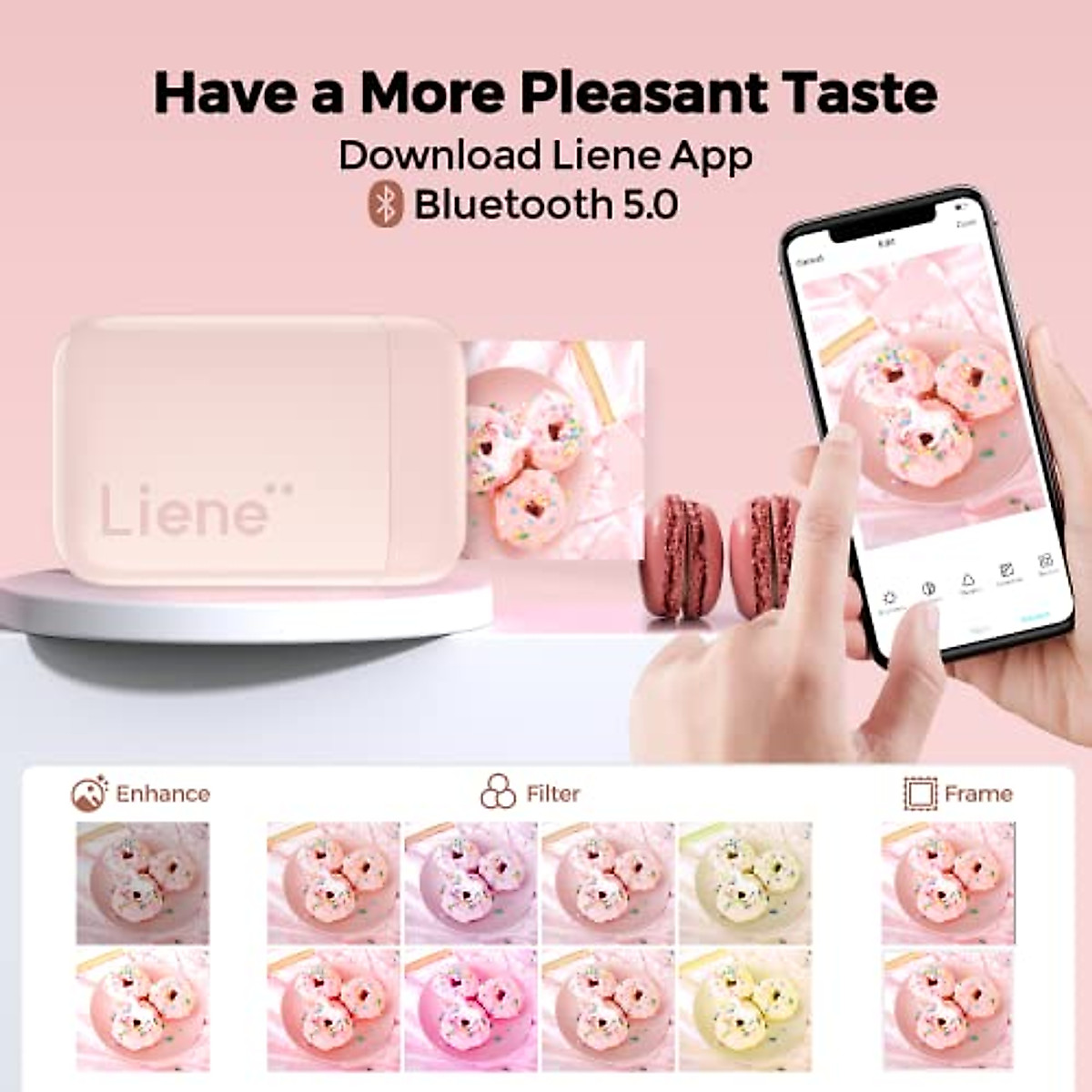 Liene Photo Printer, 2x3 Mini Instant Portable Instant Printer w/ 50 Zink Adhesive Paper, Bluetooth 5.0, Compatible w/iOS & Android, Small Photo Printer for iPhone, Smartphones, Pink