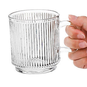 Noamus 6 Pack Premium Glass Coffee Mugs with Handle, 12 Oz Classic Vertical Stripes Glass Tea Cups, Transparent Ribbed Beverage Mugs, Clear Vintage Glassware Set for Hot Cold Americano, Cappuccino