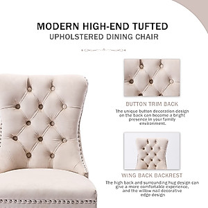 Kiztir Velvet Upholstered Dining Chairs Set of 4, Wingback Dining Room Chairs with Ring Pull Trim and Button Back, Luxury Tufted Dining Chair for Living Room, Bedroom, Kitchen (Beige)