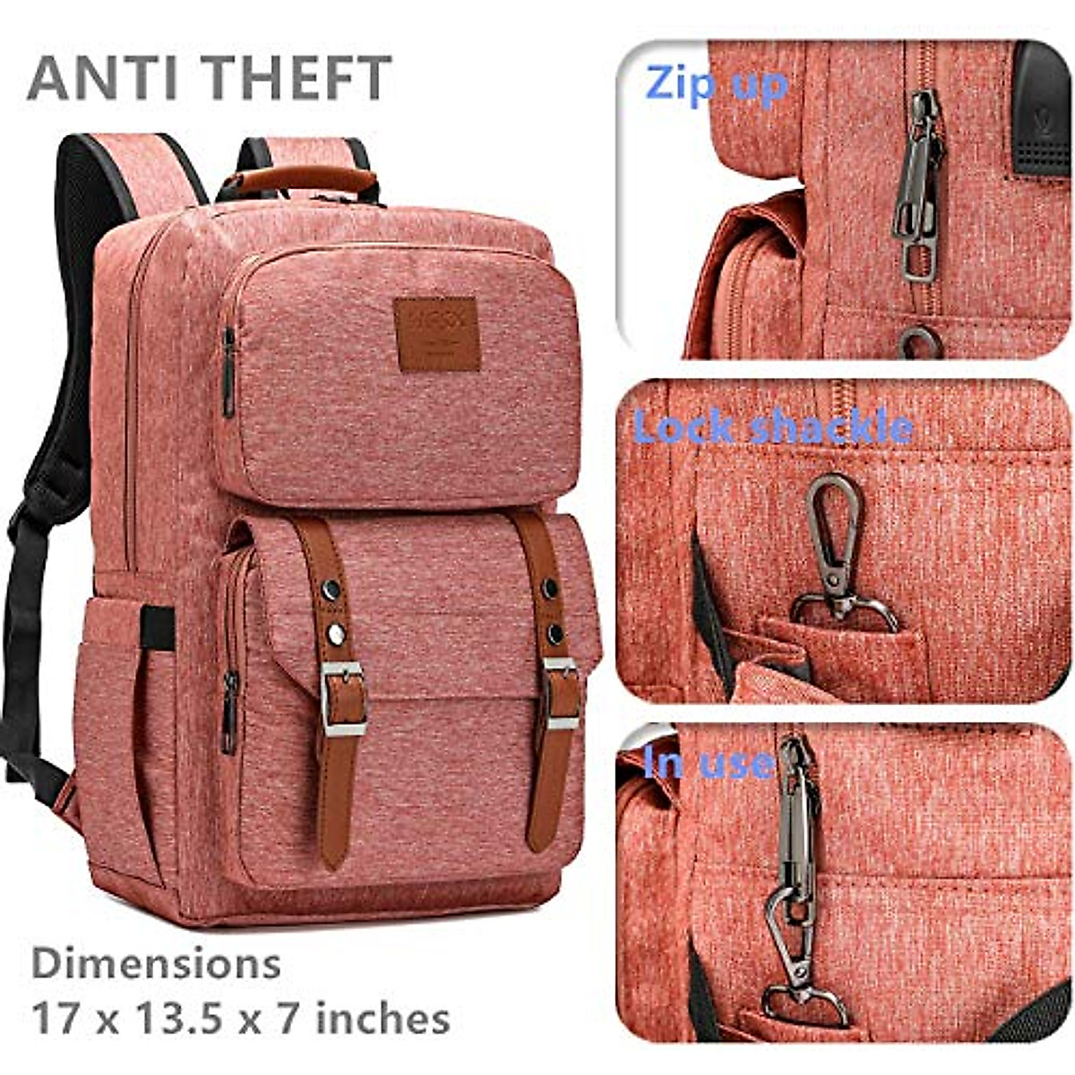 HFSX Laptop Backpack Women Men College Backpacks Bookbag Vintage Backpack Book Bag Fashion Back Pack Anti Theft Travel Backpacks with Charging Port fit 15.6 Inch Laptop Pink