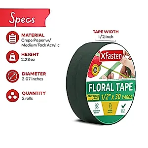 XFasten Wide Floral Tapes for Bouquet 1/2-Inch x 30 Yards - Dark Green (2-Pack) Bouquet Stem Wrap Tape for Florist – Waterproof Boutineer Tape for Flower Stem Wrap and Craft Adhesive