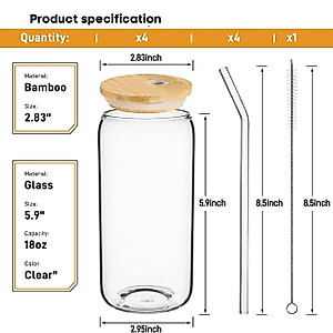 ULAXIM [ 4pcs ] Eco-friendly Glass Cups with Bamboo Lids and Straws 16oz, Iced Coffee Drinking Cups, Beer Can Glass Cup, Glass Tumbler for Cocktail, Whiskey, Soda, Tea, Water