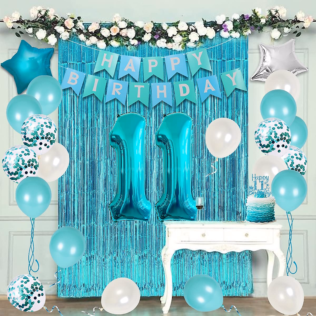 11th Birthday Decorations for Girls Teal - Happy 11th Birthday Decorations Eleventh Birthday Cake Topper Teal Fringe Curtain Turquoise Banner Number 11 Foil Balloon, 11 Year Old Girl Gift Ideas