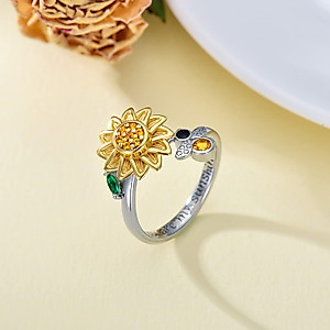 Flpruy Fidget Ring for Women Sunflower Anxiety Stress Spinner Ring You are My Sunshine Open Adjustable Ring Crystal Jewelry Gift Women