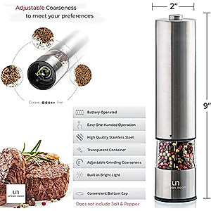 Electric Salt and Pepper Grinder Set - Battery Operated Stainless Steel Mill with Light (Pack of 2 Mills) - Automatic One Handed Operation - Electronic Adjustable Shakers - Ceramic Grinders