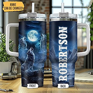 Foxcorner Personalized Wolf 40oz Tumbler with Handle and Straw Gifts for Wolf Lovers, Father's Day Gifts For Men, Dad, Birthday Gift Ideas, Custom Name Insulated Stainless Steel Travel Cup With Lid