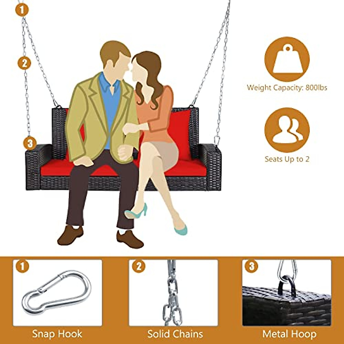 Happygrill 2-Person Porch Swing Bench Outdoor Patio Rattan Swing Chair with Soft Cushions, 7.9ft Reinforced Steel Chain, Solid Steel Frame, Perfect for Backyard, Poolside, Front Porch