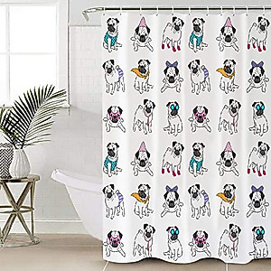 BestLives 4 Pcs Shower Curtain Sets with Rugs Cute Pug Puppy Dog Non-Slip Soft Toilet Lid Cover for Bathroom Animal Bathroom Sets with Bath Mat and 12 Hooks