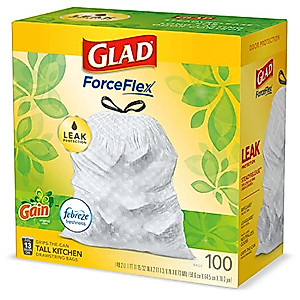 GLAD ForceFlex Tall Drawstring Trash Bags, 13 Gallon White Trash Bags for Tall Kitchen Trash Can, Gain Original Scent to Eliminate Odors, 100 Count - Packaging May Vary