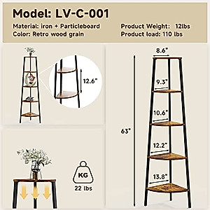 LAZEYARD 5 Tier Corner Shelf Stand, Corner Bookshelf, Corner Ladder Shelf for Bedroom, Living Room, Balcony, Office, Kitchen 62.6inches (Rustic Brown)