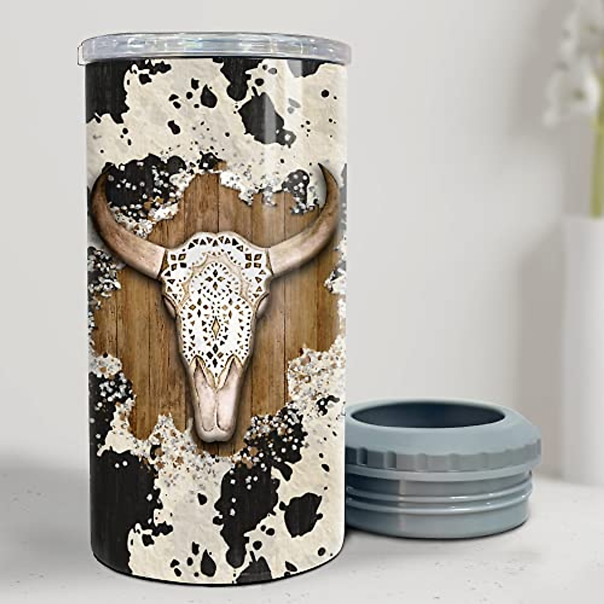 SANDJEST Personalized Cow Tumbler Cowgirl 4 in 1 16oz Tumbler Can Cooler Coozie Stainless Steel Tumbler Gift for Women Girl Daughter Sister Animal Lovers Christmas Birthday
