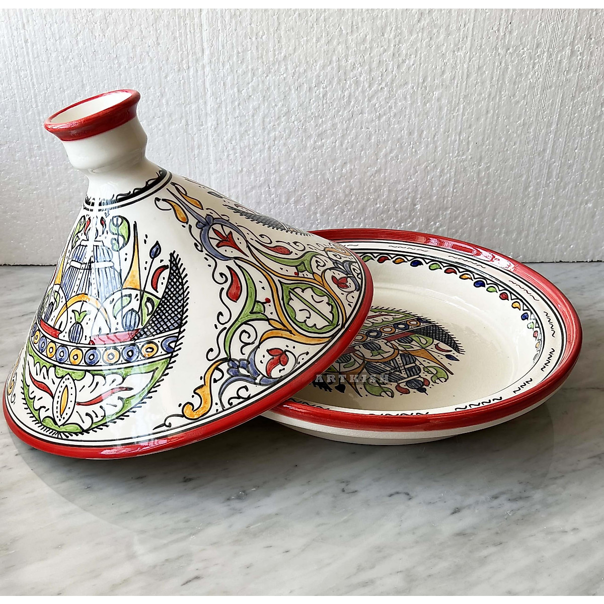 ARTKISH Large Ceramic Tajin Pot for Cooking and Serving Ideal Housewarming Gift - Artisan Moroccan Clay Tagine Pot Slow Cooker, Hand Painted Pottery Cookware. (30cm = 12 inch)