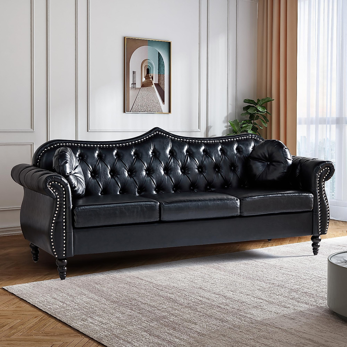 AVZEAR 82" Three Seater Sofa, Chesterfield Sofa, Mid-Century Modern PU Upholstered Sofa, Deep Button Tufted Living Room Sofa with Two Throw Pillows, Black