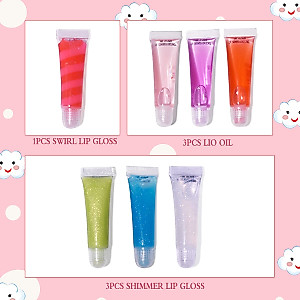 M&U Sparkle Lip Gloss Set with Handbag, 7Pcs Assorted Flavors Hydrating Lip Balm Party Favor Make-up for Kids and Teens Ages 5+