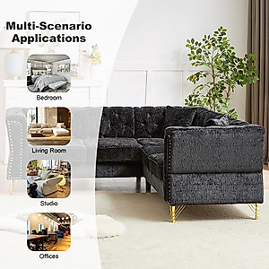 82" Oversize Chenille L-Shaped Corner Sofa,5-Seater Nailhead Trim Sectional Chesterfield Couch with 3 Cushions for Living Room, Bedroom (Black)