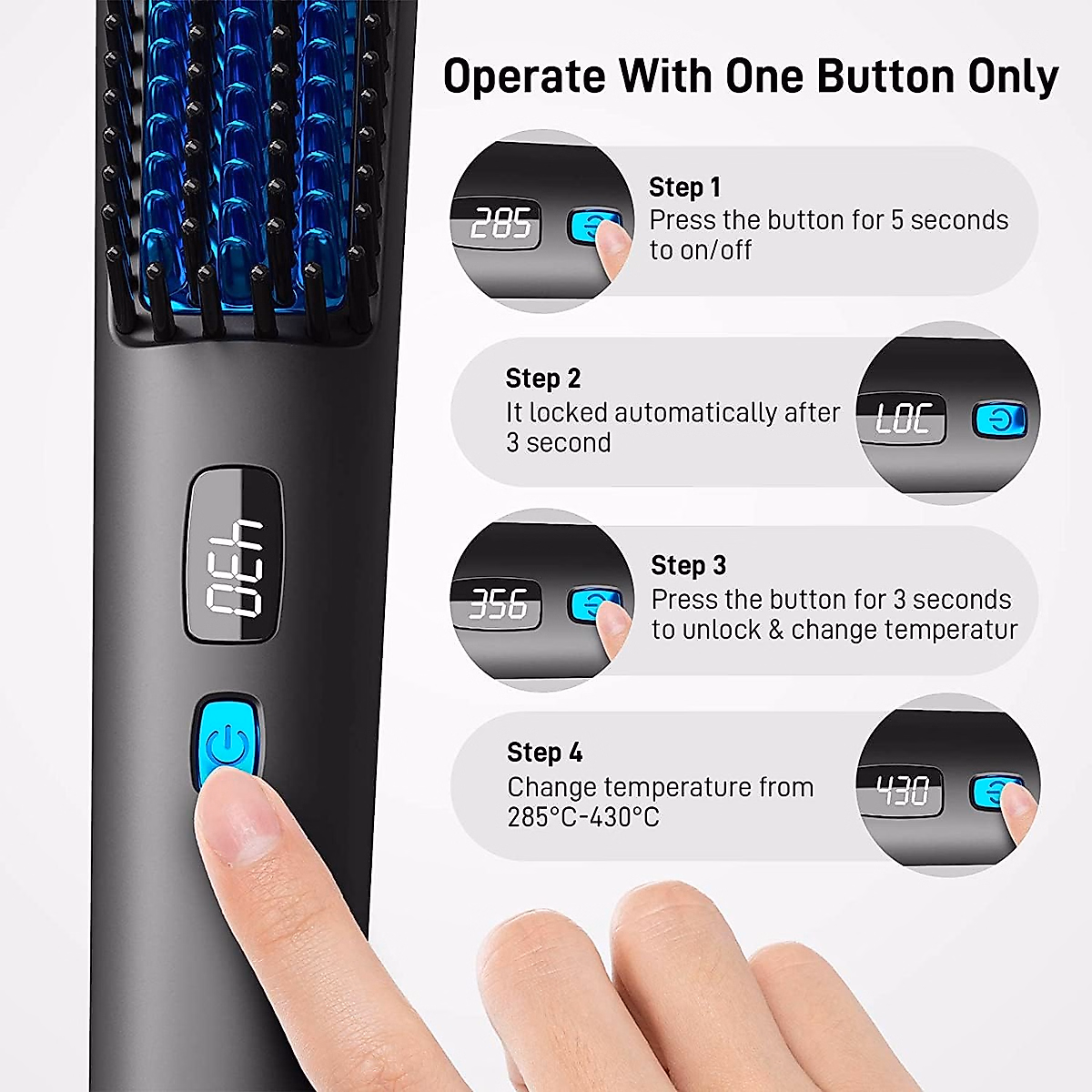 Hair Straightener Brush, AmoVee Ionic Hair Straightener Comb,15s Fast Heating up, 5 Adjustable Temp 285℉-430℉, Auto Temp Lock Straightening Brush for Home Salon, Dual Voltage, Blue