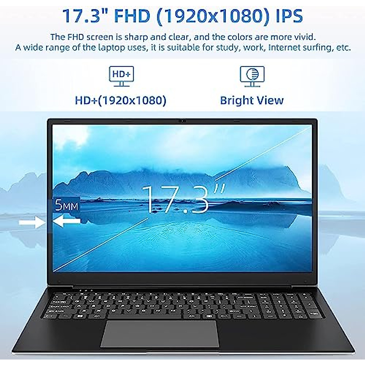 SGIN Laptop Computer, 17 Inch 1920 * 1080 IPS Display，4GB RAM 128GB ROM, Windows 11 Laptops with Intel Celeron Quad Core Processor, Mini HDMI, Webcam, Dual-Brand WiFi, 512GB Expansion