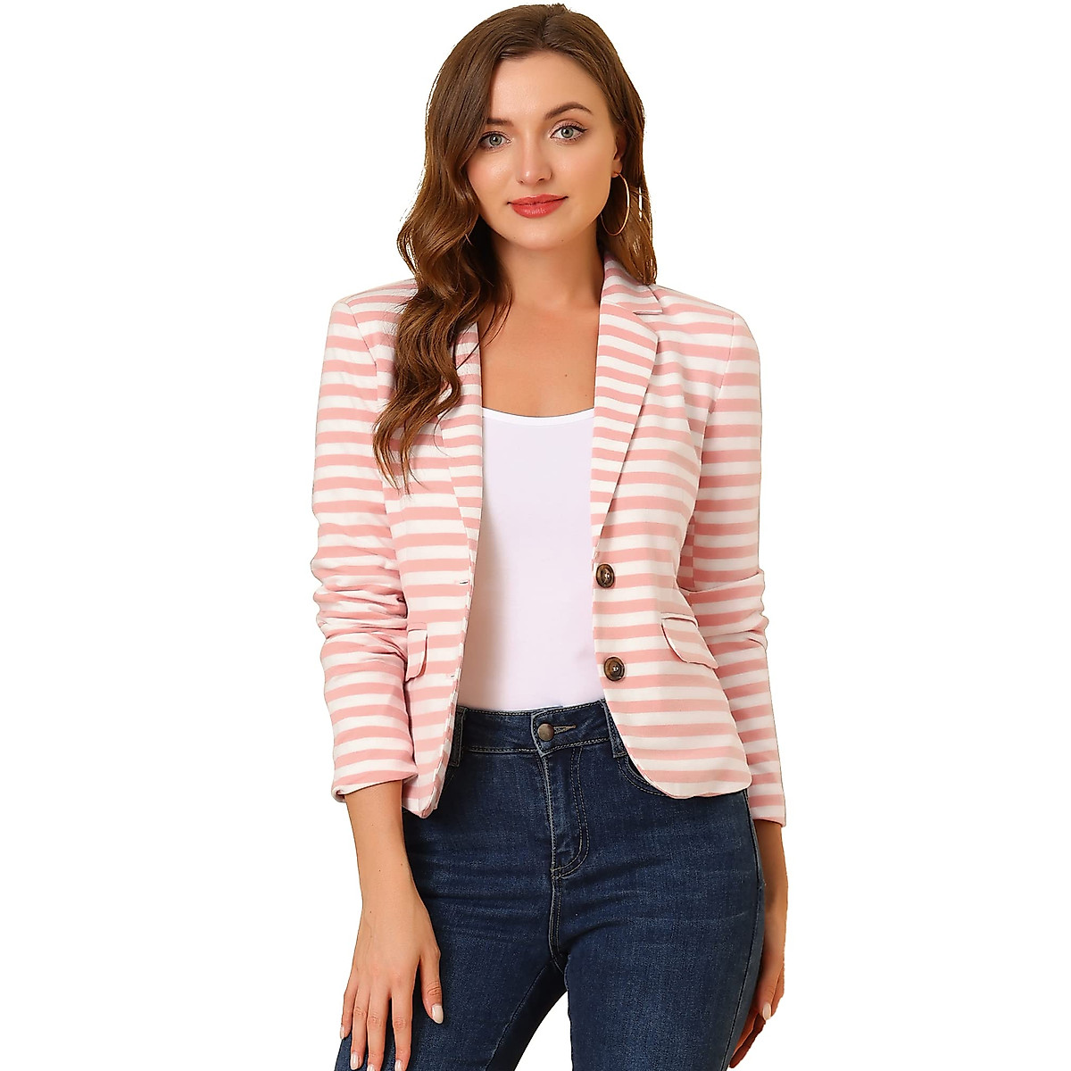 Allegra K Women's Notched Lapel Pocket Button Closure Striped Blazer Medium White Pink
