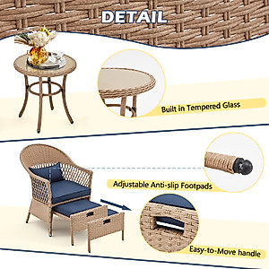 ECOTOUGE 5-Piece Patio Furniture Set, Outdoor Wicker Conversation Bistro Set with Glass Tempered Coffee Table, 2 Rattan Curved Armchairs, 2 Footrests for Porch, Backyard, Balcony, Blue