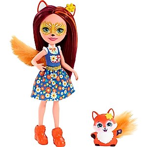 Mattel Enchantimals Felicity Fox Doll & Flick Figure, 6-inch small doll, with long brown hair, animal ears and furry tail, removable skirt and shoes, Gift for 3 to 8 Year Olds​​​​​​​