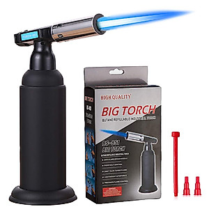 Butane Torch, JUN-L Big Blow Torch Refillable Cooking Torch Lighter, Adjustable Flame for Desserts, BBQ, Soldering with Safety Lock (Butane Gas Not Included) (Black)