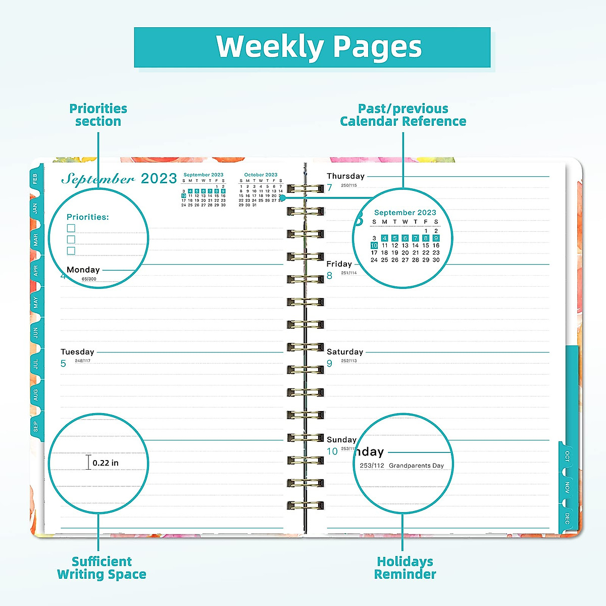 Ymumuda 2023 Planner, Weekly Monthly Planner 2023, 12-Month School Planner from JAN.2023 to DEC.2023, 8.4" X 6", Spiral Planner Notebook with Stickers, Elastic Closure, Inner Pocket, Coated Tabs, Watercolor Floral