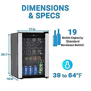 Techomey Wine Fridge Freestanding, 19 Bottle Compressor Wine Cooler Refrigerator with Digital Thermostat and Glass Door, Stainless Steel