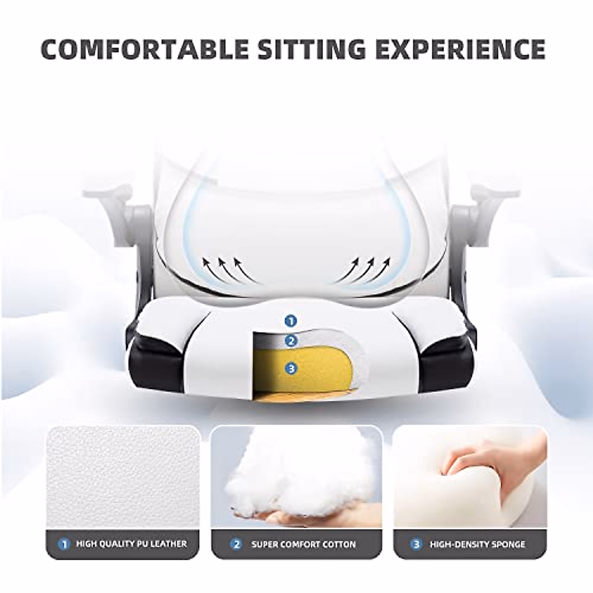 SEATZONE Home Office Desk Chairs with Wheels and Flip-up Armrests,Modern PU Leather Executive Office Chair Comfortable Ergonomic Computer Chairs for Adults and Teens,White