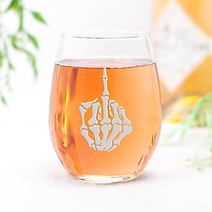 Skeleton Middle Finger Stemless Wine Glass - Skeleton Gift, Middle Finger Gift, Skeleton Wine Glass, Middle Finger Wine Glass