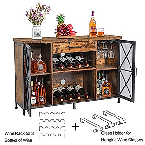Wine Bar Cabinet with Wine Rack and Glass Holder, Farmhouse Coffee Bar Cabinet for Liquor and Glasses, Industrial Sideboard Buffet Cabinet with Drawer and Mesh Door