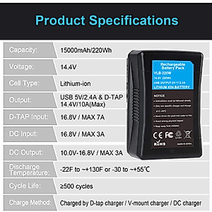 KUNLUN 220Wh 15000mAh V Mount Battery/Dtap Battery with D-TAP DC USB Ports V Lock Battery for Sony Video Cameras Camcorders Broadcast LED Lights Monitors Replacement Brick for DSLR