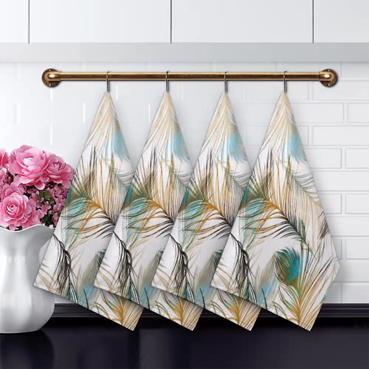 AUUXVA Kitchen Dish Towels Set of 6 Peacock Feather Art Painting Kitchen Towels Absorbent Dishcloths Tea Towels Hand Towels with Hanging Loop for New Home Decor Housewarming Gift