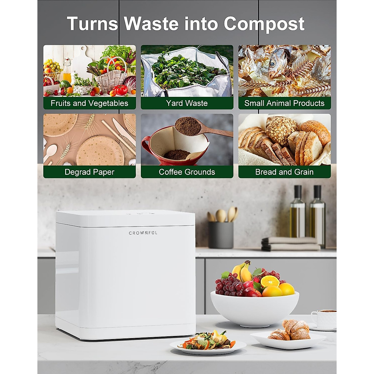 3.3 Electric Kitchen Composter, Smart Countertop Compost Bin Indoor/Outdoor, Odorless Electric Composter for Kitchen, Turn Food Waste and Scraps into Dry Natural Fertilizer for Plants