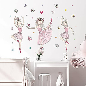 3 Pink Ballerina Baby Girls Wall Stickers, ULENDIS Removable Lovely Ballet Girls with Butterfly Wall Decals, Little Princess Wall Art Decor for Girls Bedroom Living Room Dance Room
