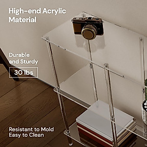 CRTERICX Acrylic Horizontal Bookshelf, 11.8" D x 47.2" W x 31" H, 3-Tier Clear Low Book Shelf with Large Storage, Multipurpose Bookcase for Living Room, Bathroom, Office, Easy Assembly