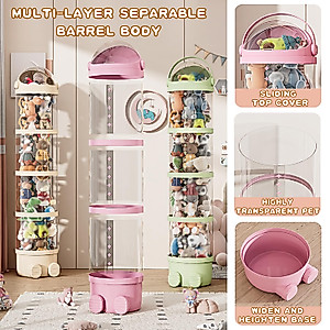 MOFGOE Pink Stuffed Animal Storage Tube, Transparent Toy Display Case, Large Storage Baskets for Kids Toys Room with LED String Light, Toy Storage for Room Decor,162cm