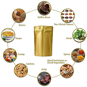 Resealable Standup Mylar Bags for Food Storage, Valentine cookies –Resealable Bags for Small Business, Weddings, Preppers & More – Matte Gold, 10x7in, 5 mL (50) by BluePerlOne