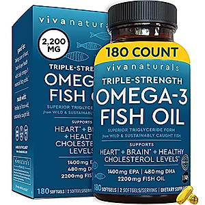 Viva Naturals Triple-Strength Omega 3 Fish Oil with EPA and DHA Supplements 2,200mg, 180 Softgels
