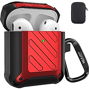 Maxjoy for Airpods 2 Case Cover, Airpods Protective Case Rugged Full-Body Hard Shell Shockproof Cover with Keychain Compatible with Apple Airpods 2 1 Charging Case (Front LED Visible), Red