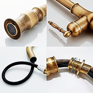 Vintage Brass Antique Bronze Kitchen Faucet,Single Hole Copper Widespread Mixer Taps with Pull Down Sprayer (Brass Nut)