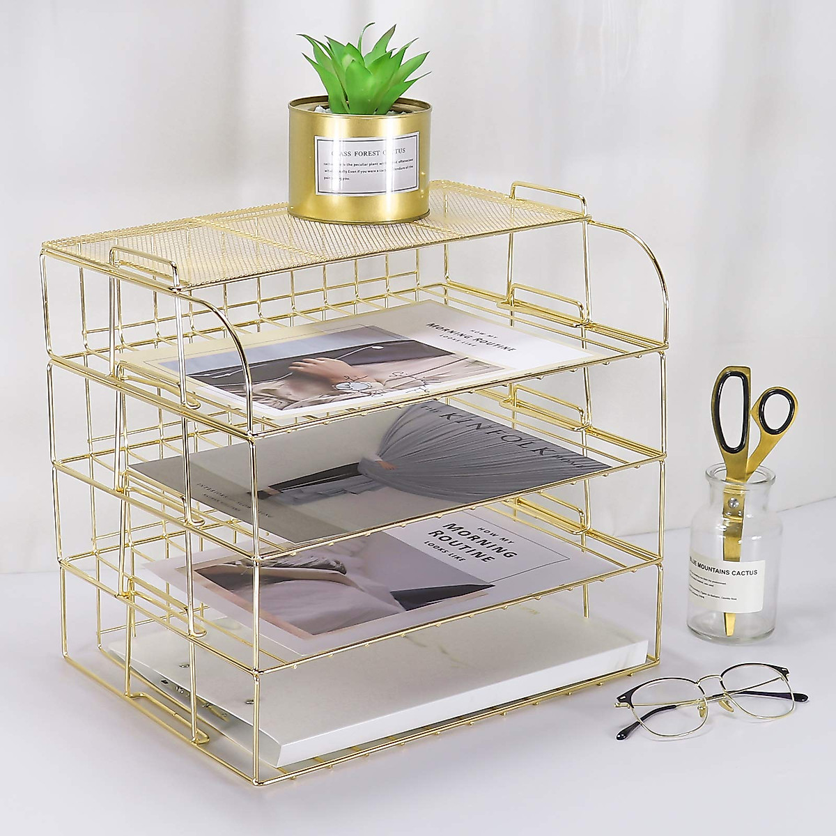 LEORISO 4-Tier Stackable Letter Tray, Gold Desk Organizer, Metal File Organizer Tray, Paper Holder Rack, Desk Accessories for School Home Office Supplies